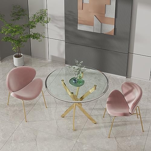 Goderfuu 3 Piece Dining Table Set, Modern 36 in Round Dining Table with 2 Pink Upholstered Dining Chairs, Kitchen Dining Room Table Set for 2, Circle Glass Dining Table and Chairs Set for Living Room
