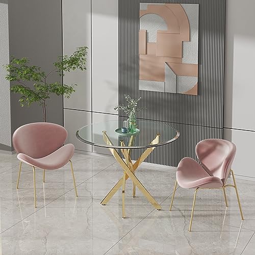 Goderfuu 3 Piece Dining Table Set, Modern 36 in Round Dining Table with 2 Pink Upholstered Dining Chairs, Kitchen Dining Room Table Set for 2, Circle Glass Dining Table and Chairs Set for Living Room
