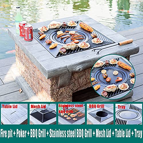 QHYXT Wood Fire Pits Outdoor Imitation Stone Outdoor Firewood Brazier, Backyard Patio Garden Fireplace, BBQ Grill Square Table, with Spark Screen Cover and Poker