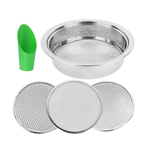 SOIL SIFTER Garden Sieve Sifting - Stainless Sieve,Φ9.5in Interchangeable Pan Contain 3 Specification Sieve,Soil Scoops Dirt for Soil,Peat Moss and More., Silver