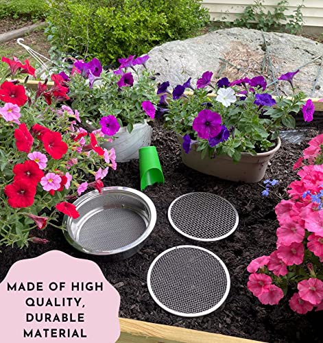 SOIL SIFTER Garden Sieve Sifting - Stainless Sieve,Φ9.5in Interchangeable Pan Contain 3 Specification Sieve,Soil Scoops Dirt for Soil,Peat Moss and More., Silver