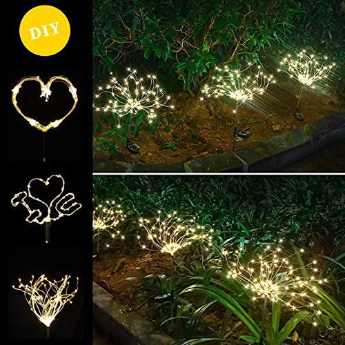 2 PCS Solar Firework Light, Outdoor Solar Garden Decorative Lights 120 LED Powered 40 Copper Wires String DIY Landscape Light for Walkway Pathway Backyard Christmas Decoration Parties (Warm White)