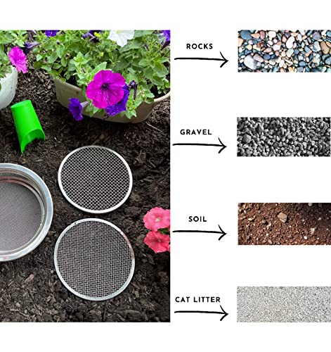 SOIL SIFTER Garden Sieve Sifting - Stainless Sieve,Φ9.5in Interchangeable Pan Contain 3 Specification Sieve,Soil Scoops Dirt for Soil,Peat Moss and More., Silver