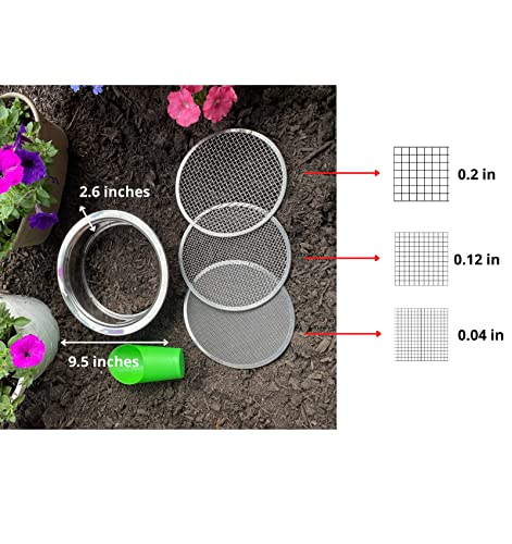 SOIL SIFTER Garden Sieve Sifting - Stainless Sieve,Φ9.5in Interchangeable Pan Contain 3 Specification Sieve,Soil Scoops Dirt for Soil,Peat Moss and More., Silver