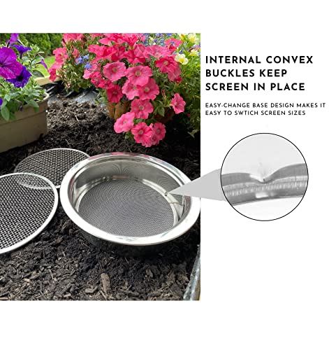 SOIL SIFTER Garden Sieve Sifting - Stainless Sieve,Φ9.5in Interchangeable Pan Contain 3 Specification Sieve,Soil Scoops Dirt for Soil,Peat Moss and More., Silver