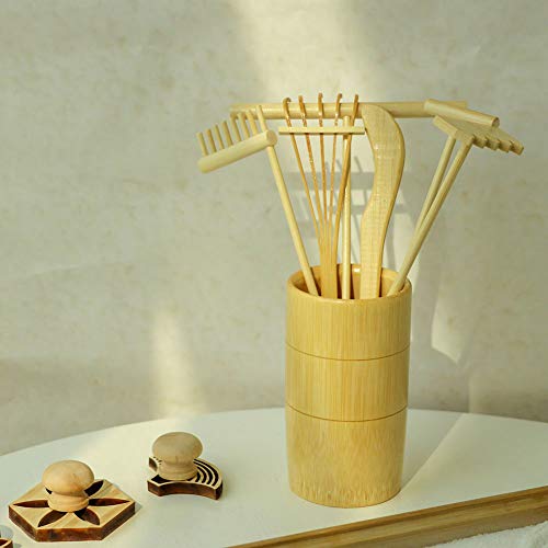 Zen Garden Rake Stamp Tools - Meditation Rock Sand Garden Accessories β Office Desktop Mini Zen Gifts for Man Women Bamboo Rakes Holder Brusher Spoon Figurines