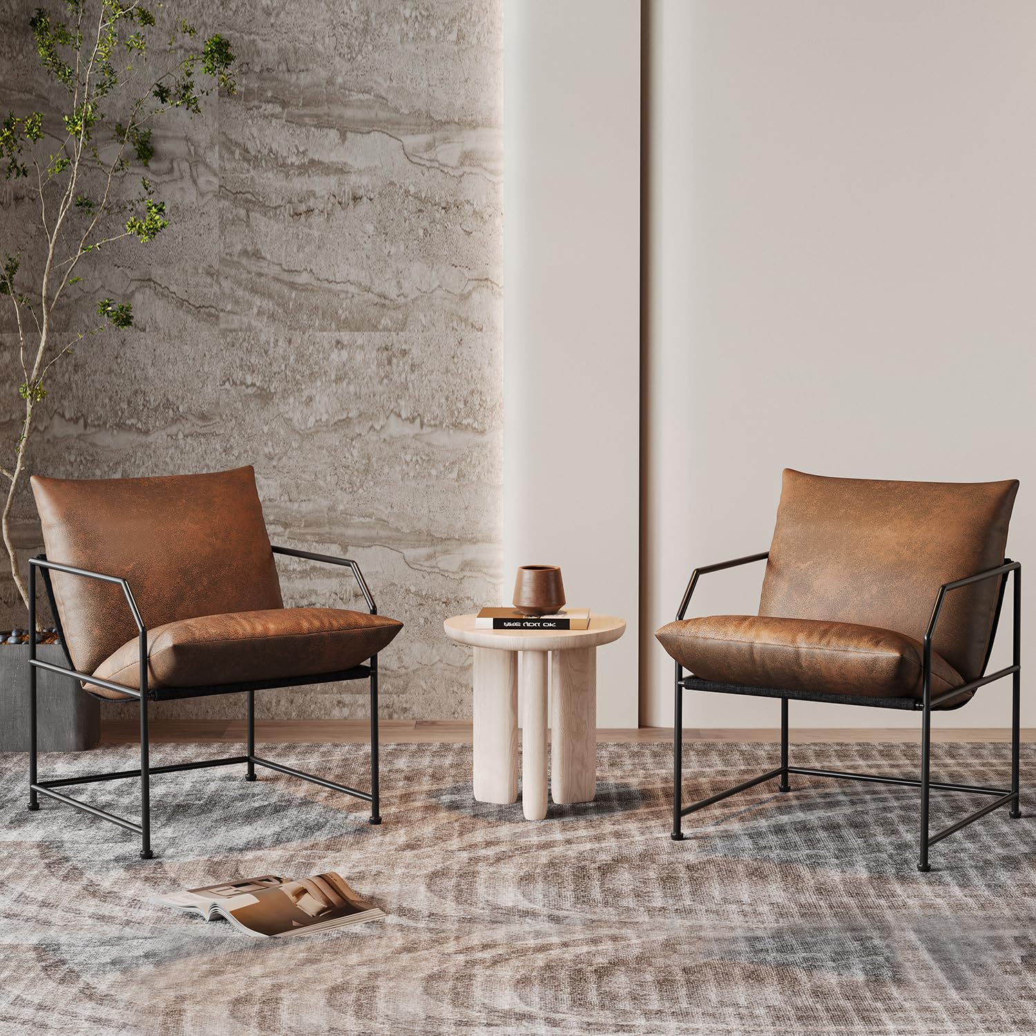 Homy Grigio Sling Accent Chair Set of 2 Mid Century Modern Arm Chair with Metal Frame Upholstered Reading Chair Living Room Chairs for Bedrooms Living Room Home Office,Brown
