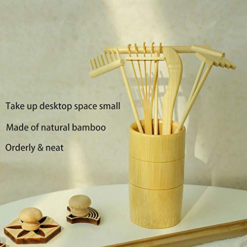 Zen Garden Rake Stamp Tools - Meditation Rock Sand Garden Accessories β Office Desktop Mini Zen Gifts for Man Women Bamboo Rakes Holder Brusher Spoon Figurines