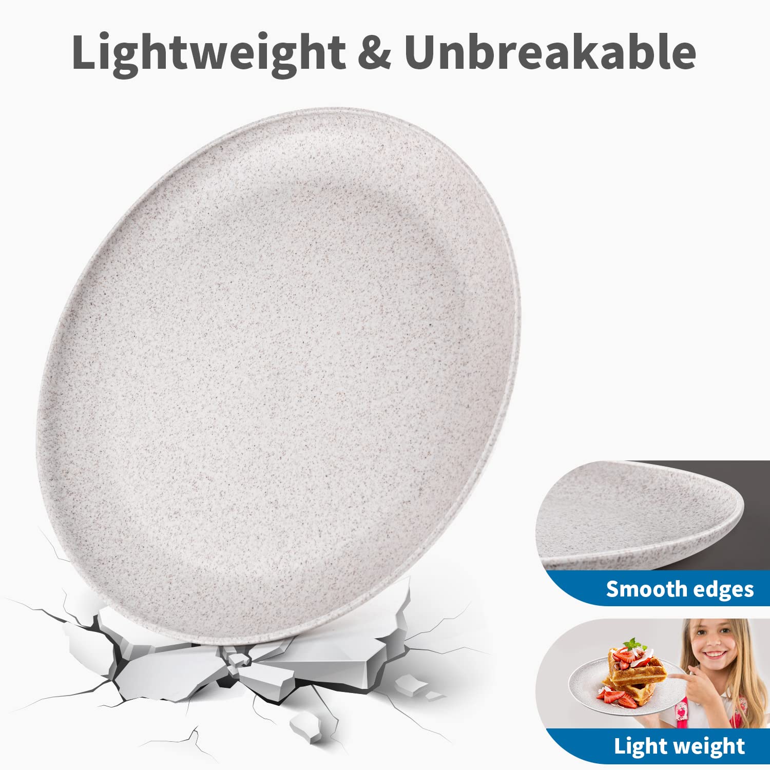 MISS BlG Dinner Plates,Plates,10 inches Plastic Plates Reusable Set of 8,for Children&Adult wheat straw dinnerware sets,No BPAs and No Chemical Dyes(Wheat White)