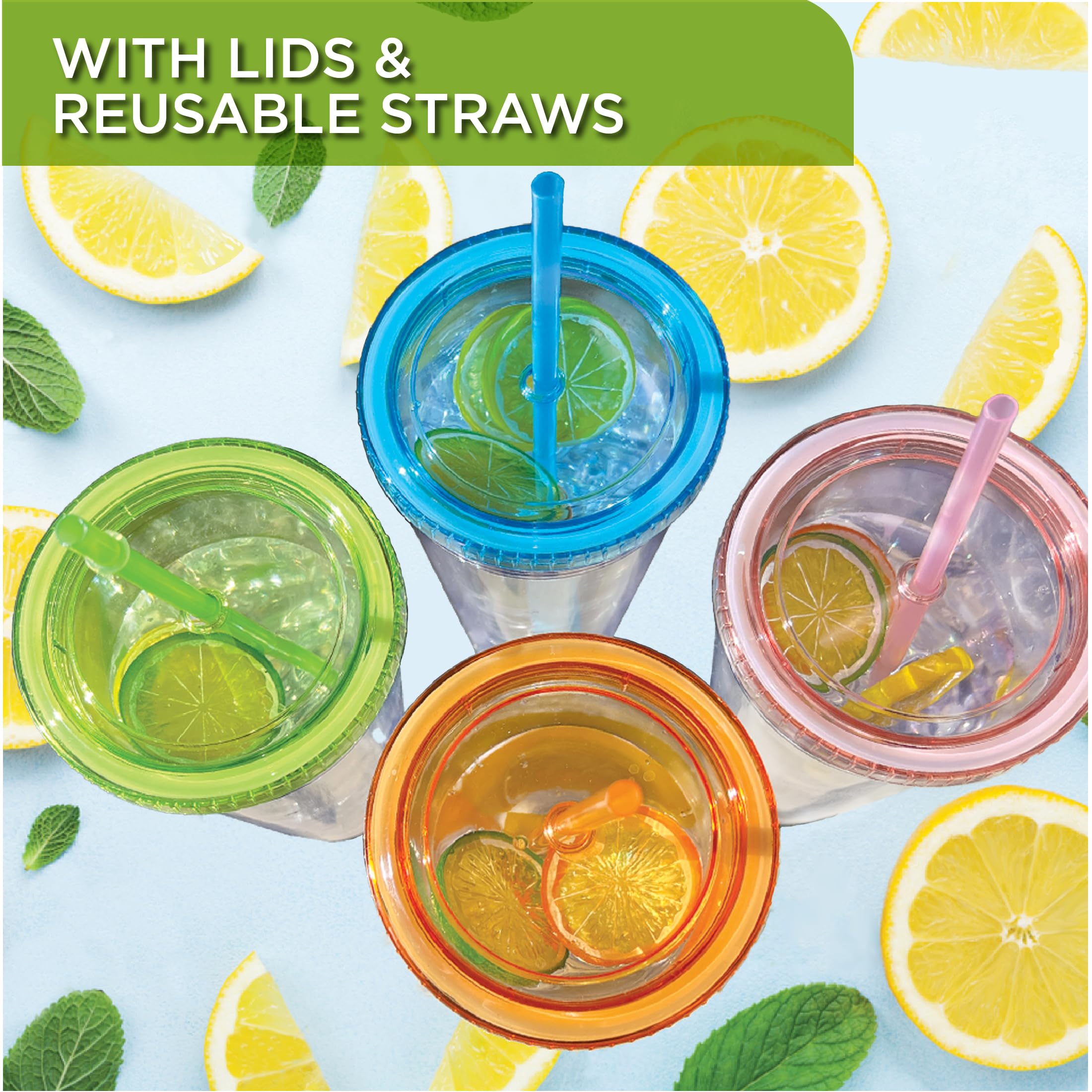 Lily's Home Insulated Tumbler Cups with Straws and Lids, Double Wall Clear Acrylic Plastic. Perfect for Iced Coffee, Hot Drinks, Water. BPA Free. Multicolor lids - 4 Pack (32 oz, Clear)