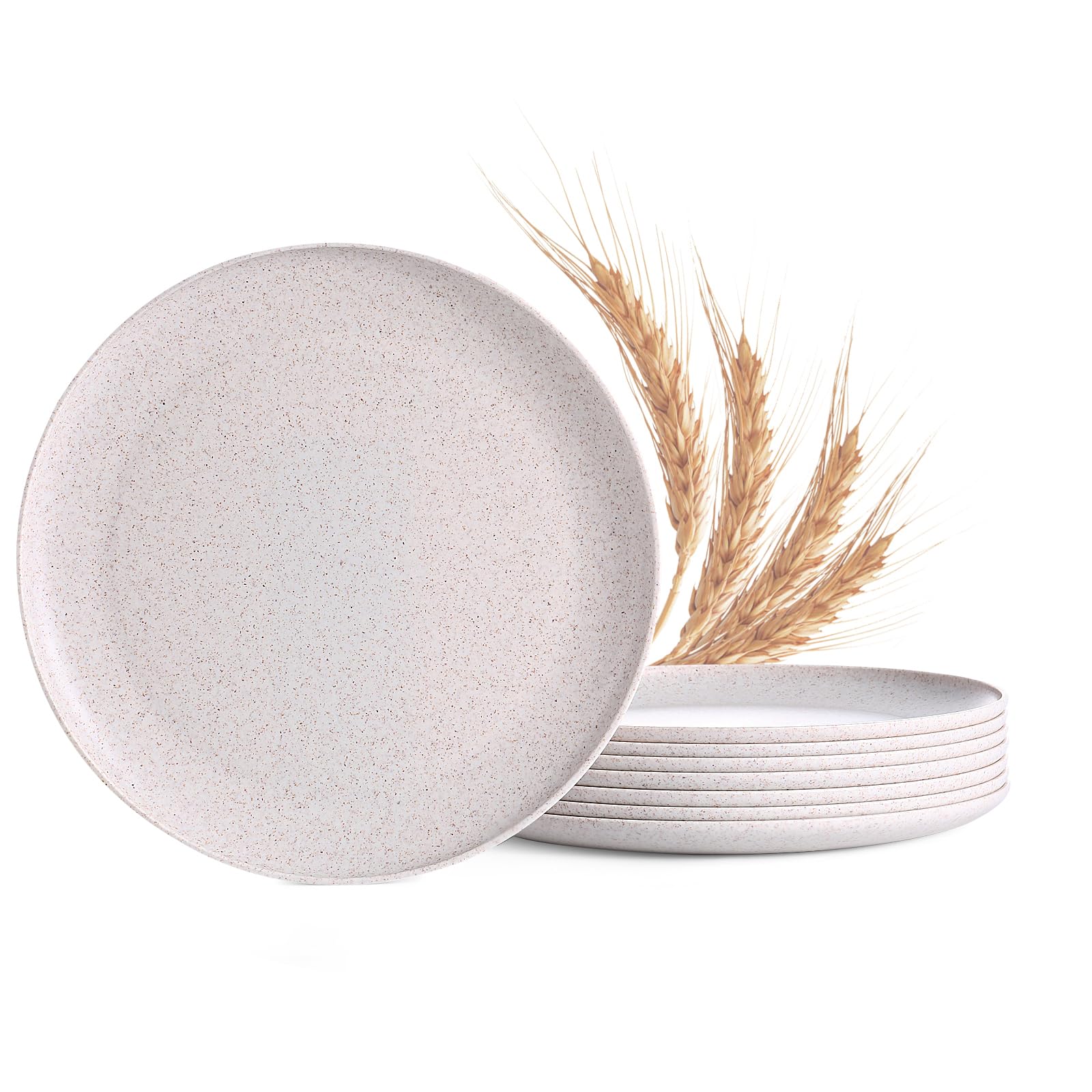MISS BlG Dinner Plates,Plates,10 inches Plastic Plates Reusable Set of 8,for Children&Adult wheat straw dinnerware sets,No BPAs and No Chemical Dyes(Wheat White)