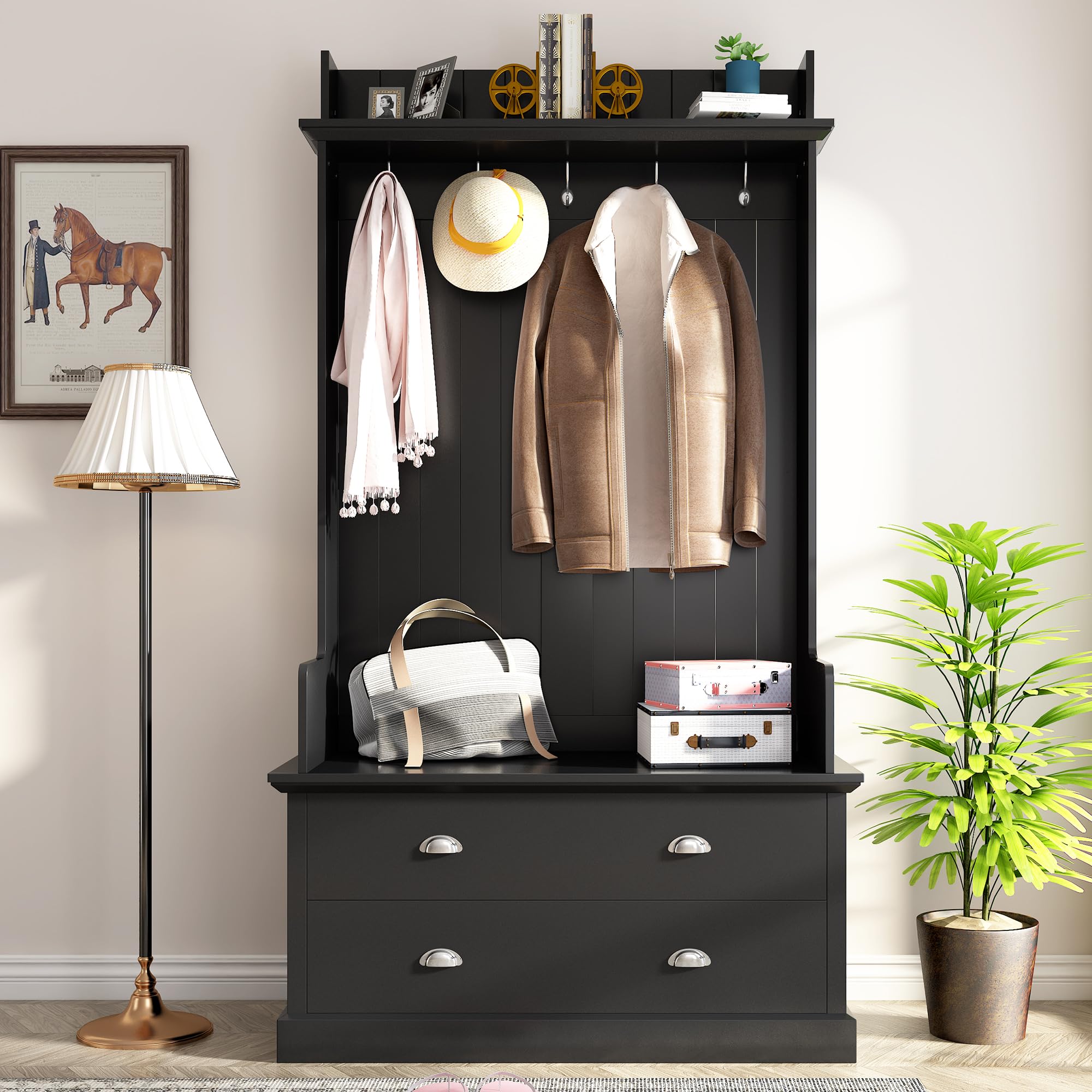 Aisurun Vintage 38.5" Wide Hall Tree Coat Rack Coat Hanger with 5 Hooks, 2 Large Drawers & 1 Top Shelf, Storage Bench Entryway Bench for Hallway Living Room (Black)
