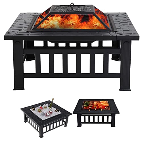 Outdoor Fire Pit 32 Inch Square Metal Firepit with Charcoal Rack& Spark Screen, Heavy Duty 3 in 1 Fireplace Backyard Patio Garden Stove for Camping, Outdoor Heating, Bonfire and Picnic