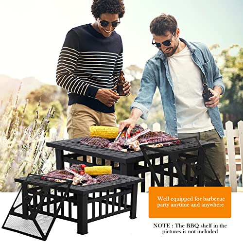 Outdoor Fire Pit 32 Inch Square Metal Firepit with Charcoal Rack& Spark Screen, Heavy Duty 3 in 1 Fireplace Backyard Patio Garden Stove for Camping, Outdoor Heating, Bonfire and Picnic
