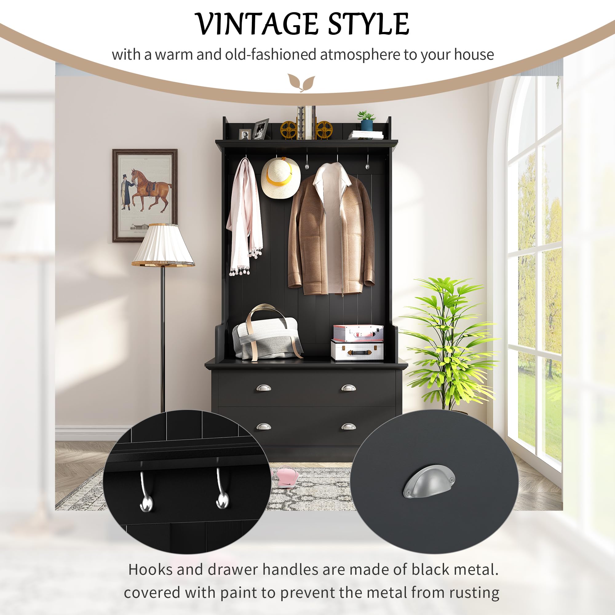 Aisurun Vintage 38.5" Wide Hall Tree Coat Rack Coat Hanger with 5 Hooks, 2 Large Drawers & 1 Top Shelf, Storage Bench Entryway Bench for Hallway Living Room (Black)