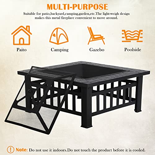 Outdoor Fire Pit 32 Inch Square Metal Firepit with Charcoal Rack& Spark Screen, Heavy Duty 3 in 1 Fireplace Backyard Patio Garden Stove for Camping, Outdoor Heating, Bonfire and Picnic