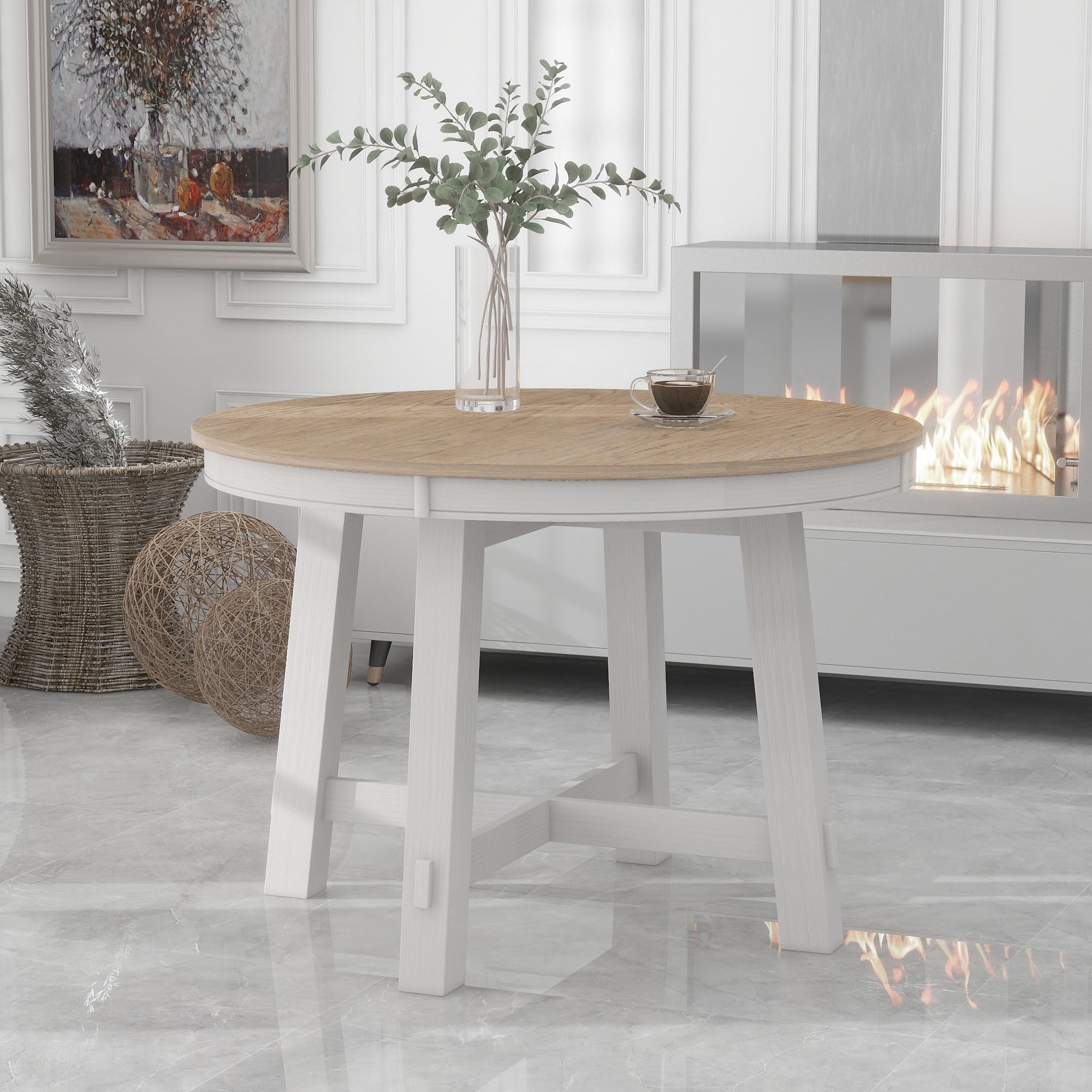 Lepfun, Farmhouse Round Extendable Dining 16" Leaf Kitchen Table (Oak Natural Wood and Antique White)