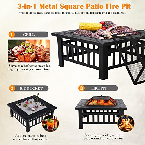 Outdoor Fire Pit 32 Inch Square Metal Firepit with Charcoal Rack& Spark Screen, Heavy Duty 3 in 1 Fireplace Backyard Patio Garden Stove for Camping, Outdoor Heating, Bonfire and Picnic