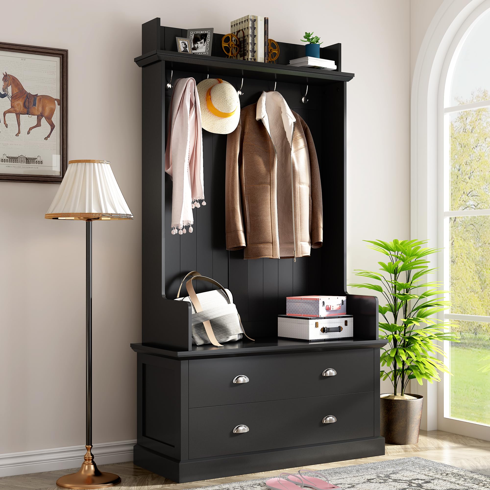 Aisurun Vintage 38.5" Wide Hall Tree Coat Rack Coat Hanger with 5 Hooks, 2 Large Drawers & 1 Top Shelf, Storage Bench Entryway Bench for Hallway Living Room (Black)