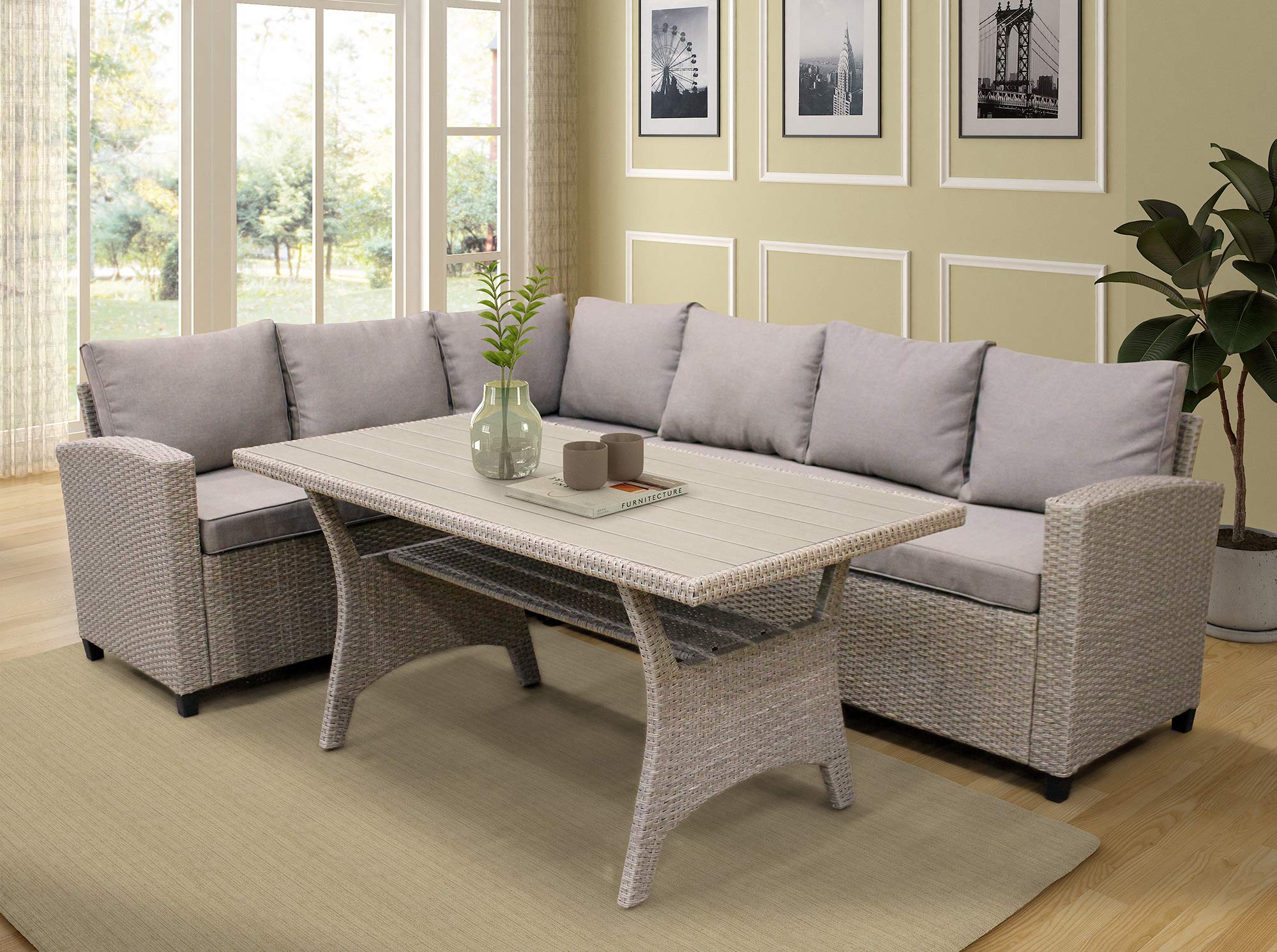 GINGVAT Patio Outdoor Furniture PE Rattan Wicker Conversation Set All-Weather Sectional Sofa with Table & Soft Cushions (Brown)