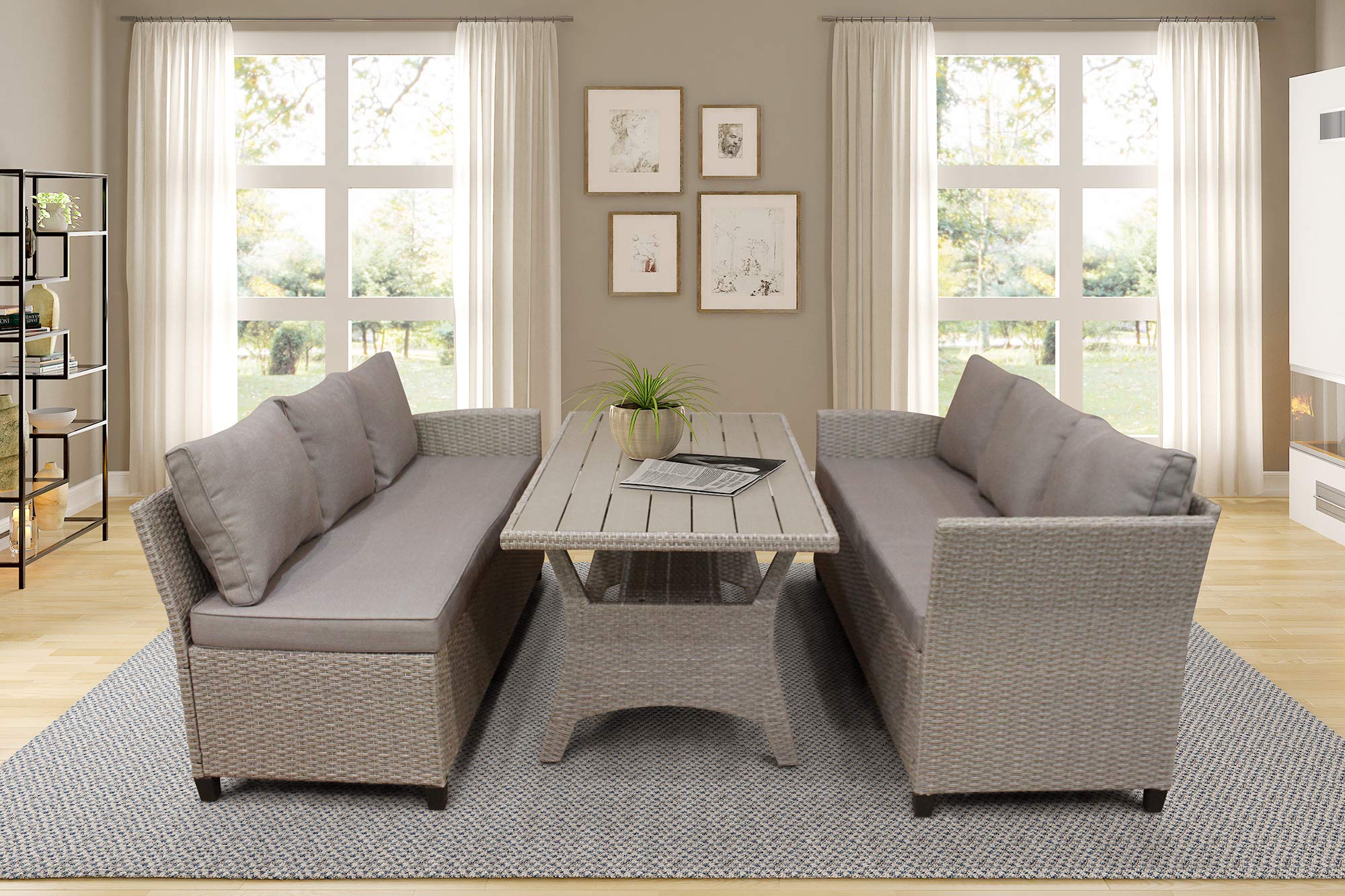 GINGVAT Patio Outdoor Furniture PE Rattan Wicker Conversation Set All-Weather Sectional Sofa with Table & Soft Cushions (Brown)