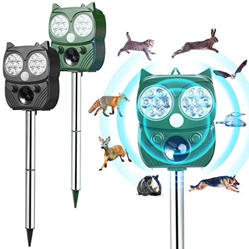 Kittmip 2 Pieces Ultrasonic Animal Repeller Solar Powered Animal Repellent Animal Deterrent Devices Waterproof with Motion Sensor Audible Alarm Flashing Light for Garden Cat Dog Mice Bird Deer