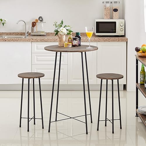 VECELO Small Bar Table and Chairs, Round Bistro Sets with 2 barstools, 3-Piece Pub Dining Furniture, Counter Height Wood Top for Breakfast Dinner Coffee Nap Conference, Easy Assembly