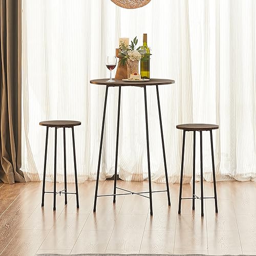 VECELO Small Bar Table and Chairs, Round Bistro Sets with 2 barstools, 3-Piece Pub Dining Furniture, Counter Height Wood Top for Breakfast Dinner Coffee Nap Conference, Easy Assembly