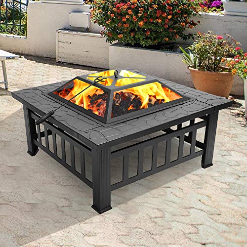 KepooMan Outdoor Fire Pit 32" Square Portable Courtyard Wood Burning Fire Bowl Backyard Patio Garden Stove Fire Pits with Spark Screen, Poker,Wood Grate