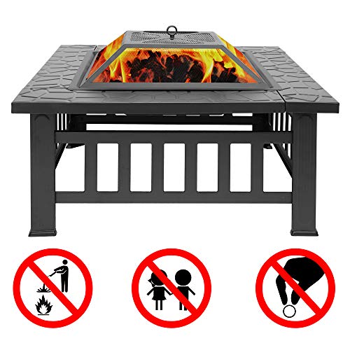 KepooMan Outdoor Fire Pit 32" Square Portable Courtyard Wood Burning Fire Bowl Backyard Patio Garden Stove Fire Pits with Spark Screen, Poker,Wood Grate