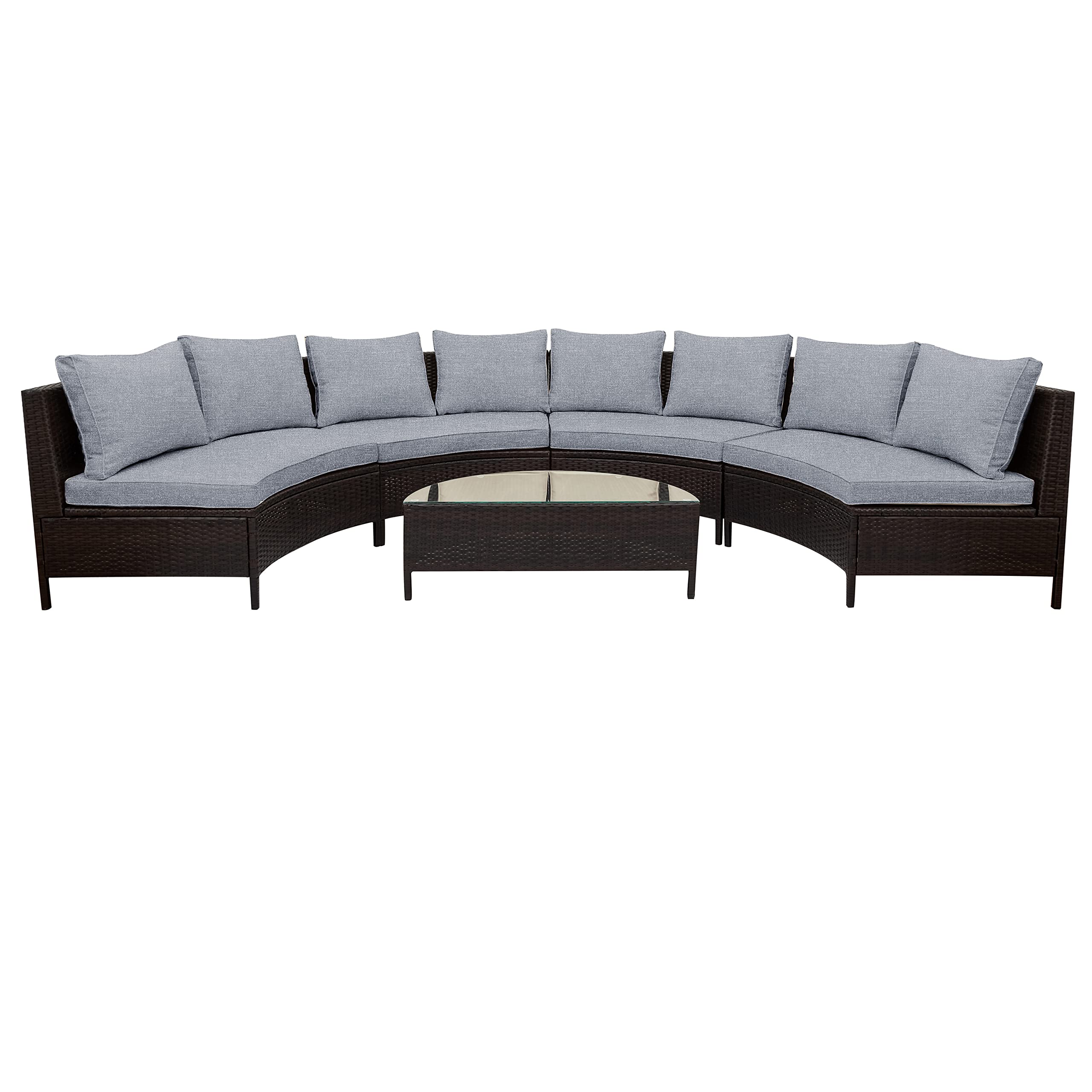 GINGVAT 5-Piece All Weather Brown PE Rattan Wicker Half-Moon Sofa Set Outdoor Patio Sectional Furniture with Tempered Glass Table, Gray
