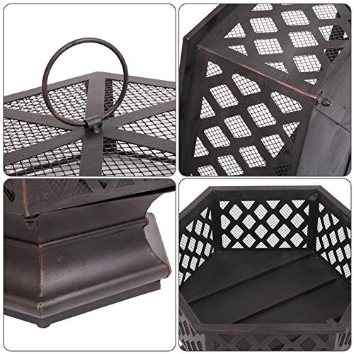 Fire Pits 22" Multifunctional Fire Pit Bowl, Hexagonal Shaped Iron Burning Outdoor Firepit Steel BBQ Grill Fire Bowl for Camping Patio Backyard Garden Picnic Bonfire