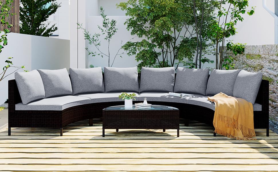 GINGVAT 5-Piece All Weather Brown PE Rattan Wicker Half-Moon Sofa Set Outdoor Patio Sectional Furniture with Tempered Glass Table, Gray
