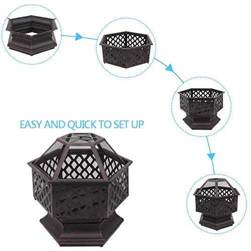 Fire Pits 22" Multifunctional Fire Pit Bowl, Hexagonal Shaped Iron Burning Outdoor Firepit Steel BBQ Grill Fire Bowl for Camping Patio Backyard Garden Picnic Bonfire