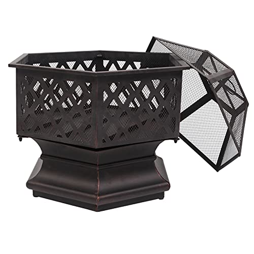 Fire Pits 22" Multifunctional Fire Pit Bowl, Hexagonal Shaped Iron Burning Outdoor Firepit Steel BBQ Grill Fire Bowl for Camping Patio Backyard Garden Picnic Bonfire