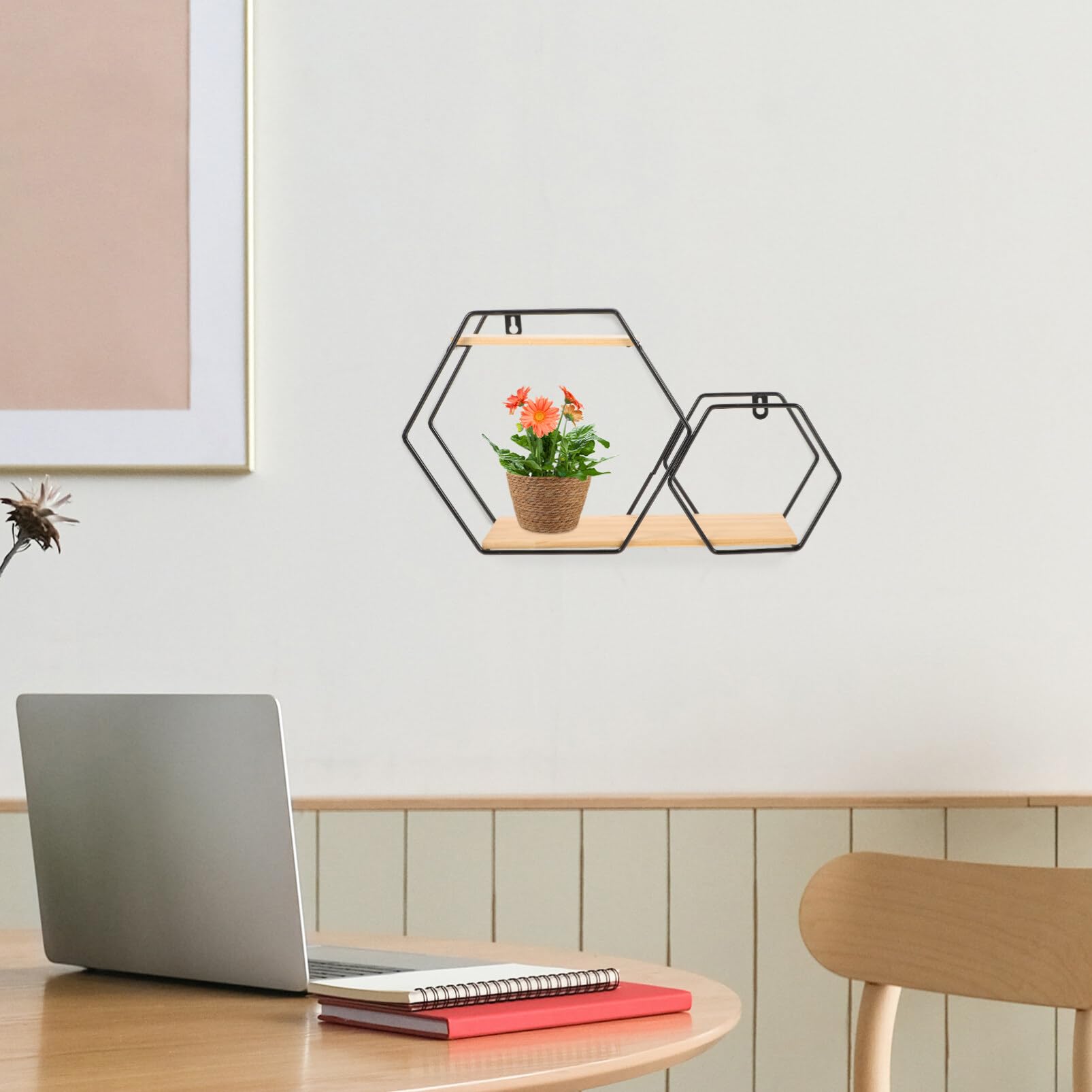 Uonlytech Hexagonal Storage Rack Metal Wall Shelf Wood Wall Shelves Hexagon Shelves for Wall Floating Shelves for Plants Metal Shelf Metal Floating Shelf Wall Shelves Wood Wall Shelving
