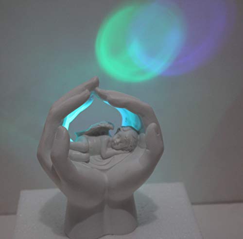 JUNIQUTE Sleeping Resting Angel in God's Hand with Colorful Light Fairy Garden Deco Cupid Statue Home Deco Cherub Statue Baby Sculpture Figurine Memorial