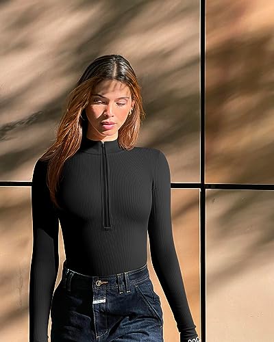 OQQ Women's 2 Piece Bodysuits Sexy Ribbed One Piece Zip Front Long Sleeve Tops Bodysuits Black White