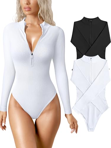 OQQ Women's 2 Piece Bodysuits Sexy Ribbed One Piece Zip Front Long Sleeve Tops Bodysuits Black White