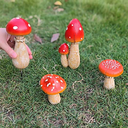 KIKTOP Mushroom Decor Fairy-Garden Outdoor Decor - Mushroom Fairy Garden Accessories Outdoor Spring Patio Garden Decoration 4 PCS Mushroom Garden Statues with Stakes (Red2+Orange2)
