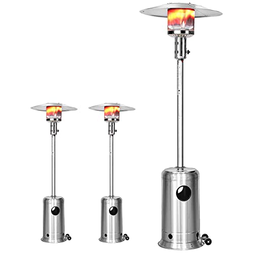 ROMONICA 48,000BTU Outdoor Patio Heater Tall Standing Hammered Finish Garden Outdoor Heater Propane Standing, Stainless steel outdoor space gas heater with wheels, Silvery - 3 set