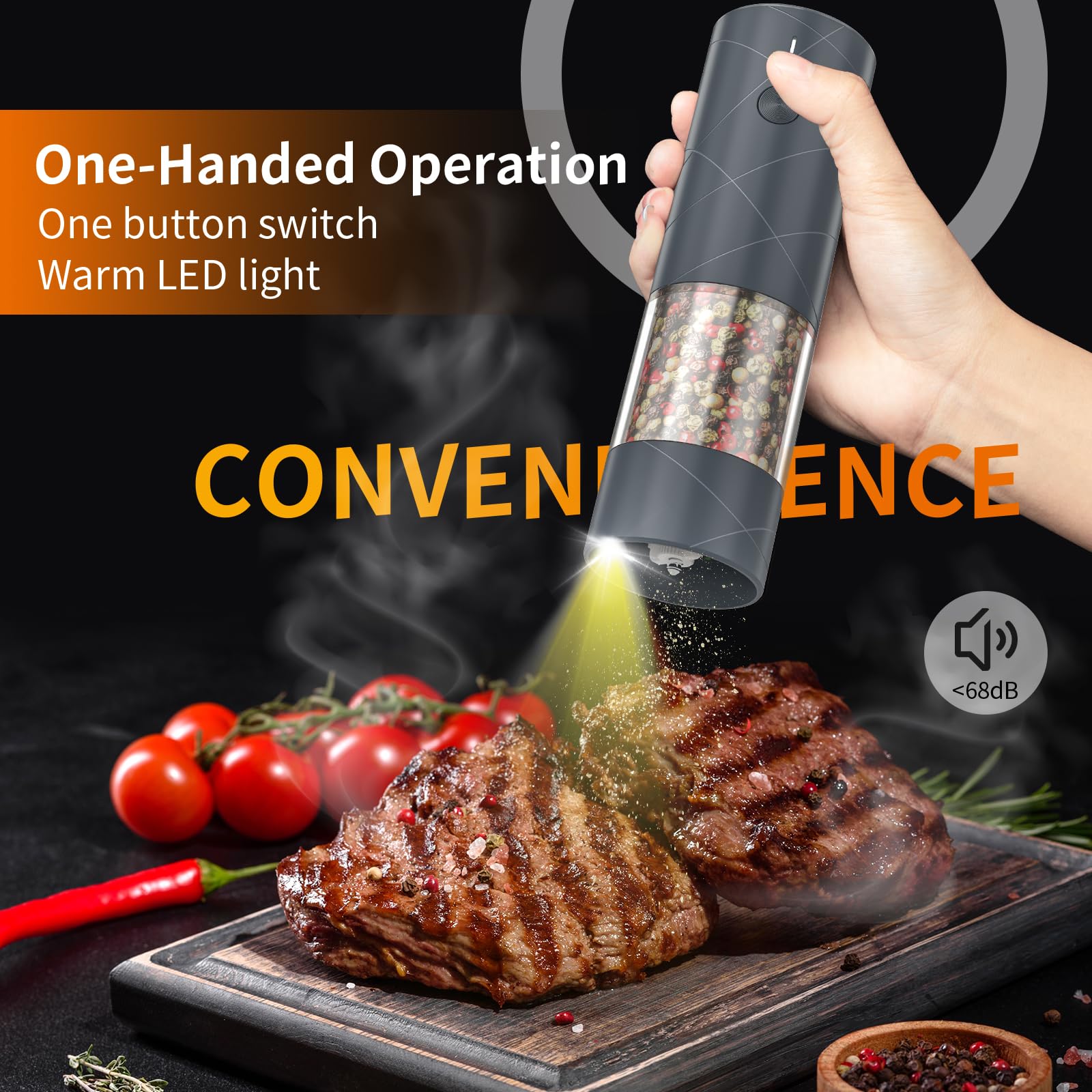 2Pack Electric Salt and Pepper Grinder Set USB Rechargeable with Warm LED Light, Adjustable Coarseness Lidaop Large Capacity Automatic Salt Pepper Mill Grinder for Kitchen, Restaurant, Outdoor (Grey)