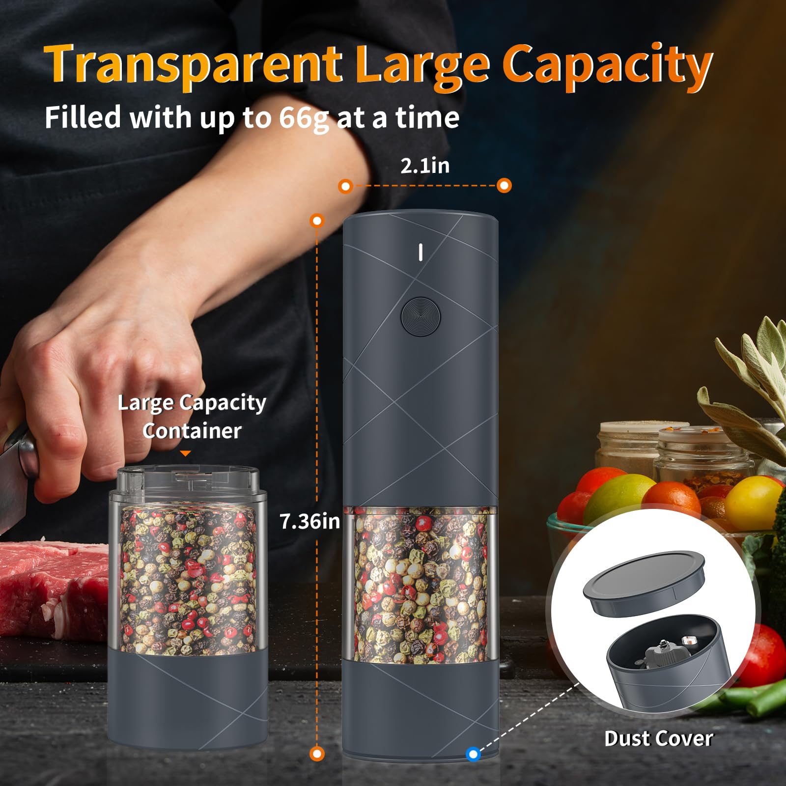 2Pack Electric Salt and Pepper Grinder Set USB Rechargeable with Warm LED Light, Adjustable Coarseness Lidaop Large Capacity Automatic Salt Pepper Mill Grinder for Kitchen, Restaurant, Outdoor (Grey)
