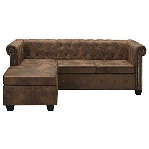 vidaXL Chesterfield L-Shaped Sofa with Pouf, Artificial Leather Upholstery, Easy to Assemble, Brown