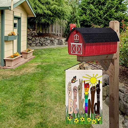 Swooflia Be Kind Garden Flag Spring Summer Flower Small Yard Flag for Outside Decor Burlap LGBT Garden Banner 12x18 Inch Double Sided HYQ-225