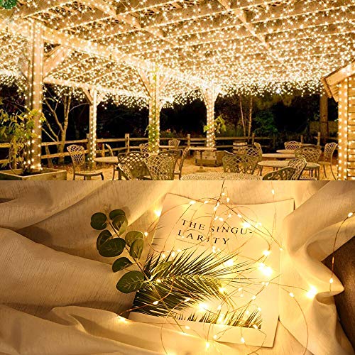 Brizled Solar String Lights, 2 Pack 39.37ft 120 LED Solar Fairy Lights, 8 Modes Outdoor Solar Fairy Lights String with Memory, Waterproof Solar Twinkle Lights for Christmas Garden Party, Warm White