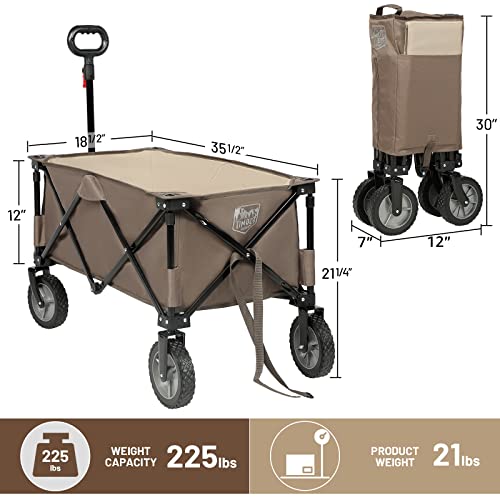 TIMBER RIDGE Folding Utility Wagon, Heavy Duty Foldable Garden Cart with Side Pocket and Cup Holders, Collapsible Wagon Cart for Garden, Sports, Shopping and Camping, Tan