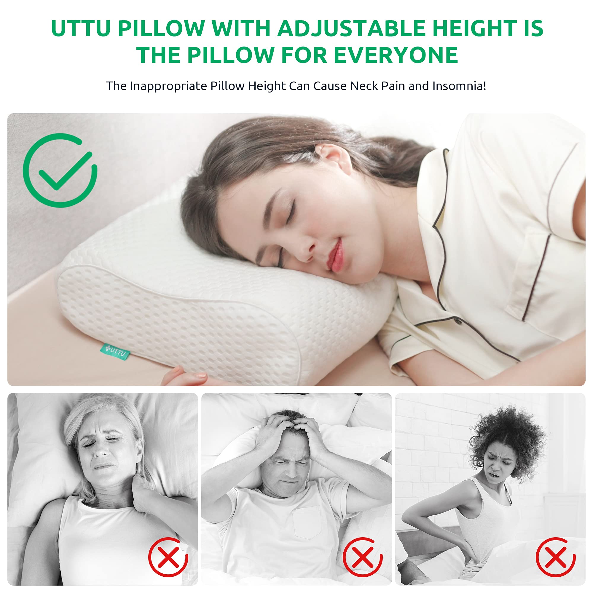 UTTU Cervical Pillow for Neck Strain Relief, Memory Foam Neck Pillow for Sleeping, Adjustable Orthopedic Sandwich Pillow, Contour Cooling for Side Back Stomach Sleeper, Travel(15.7"ร11"ร4.7"/3.9")