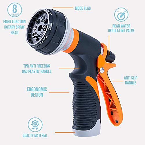 Garden Hose Nozzle | Hose Spray Nozzle | Water Hose Nozzle Sprayer | Heavy Duty 8 Adjustable Watering Patterns, Slip and Shock Resistant for Watering Plants, Cleaning, Car Wash and Showering Pets