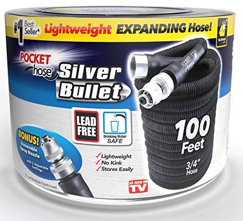 Pocket Hose Silver Bullet 100 ft Turbo Shot Nozzle Multiple Spray Patterns Expandable Garden Hose 3/4 in Solid Aluminum Fittings Lead-Free Lightweight and No-Kink